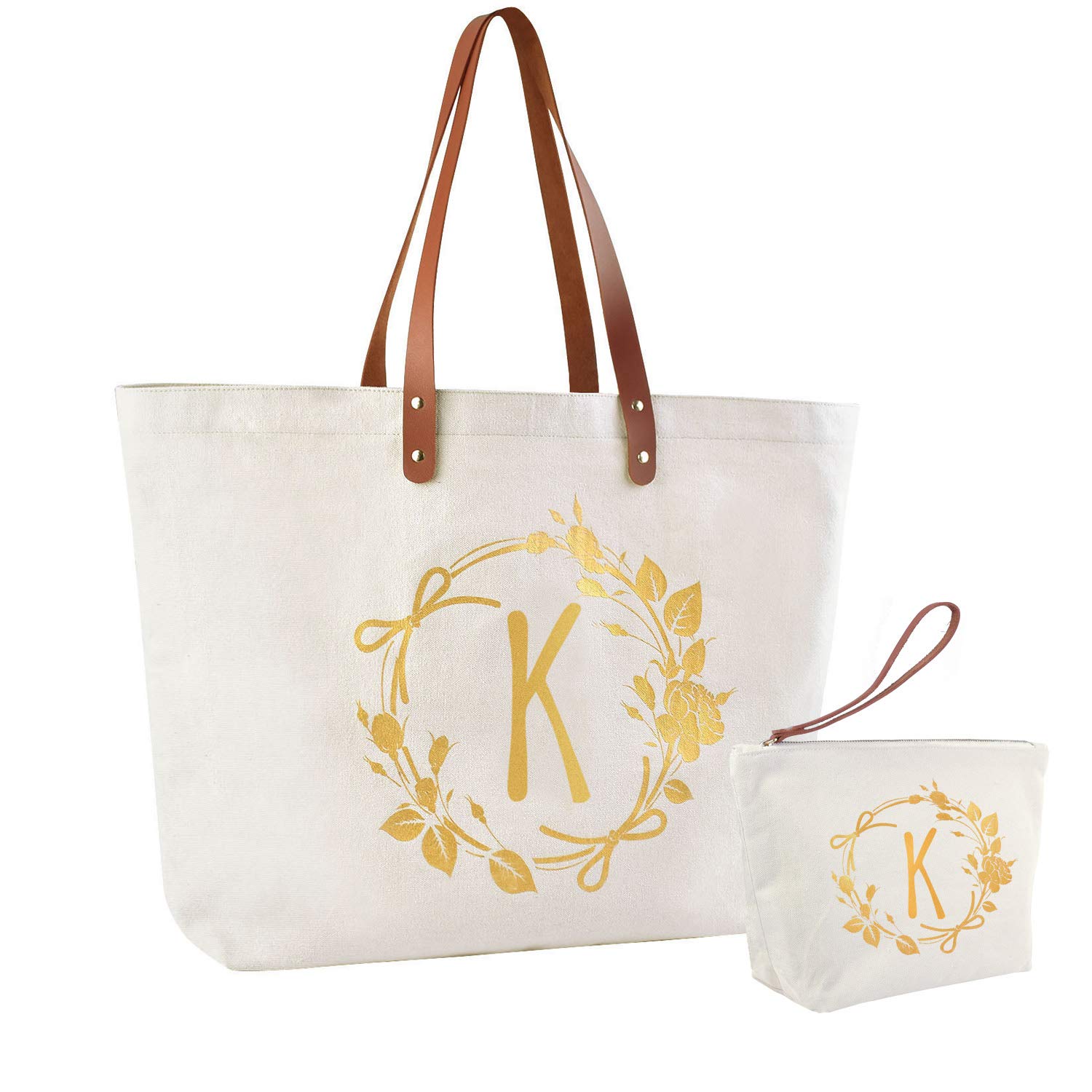 ELEGANTPARK Birthday Gifts for Women Mom Friend Personalized Bag with K Letter Teacher Gifts Bridesmaid Gifts Monogrammed Gifts for Women Canvas Tote Bag and Makeup Bag 2 Pcs