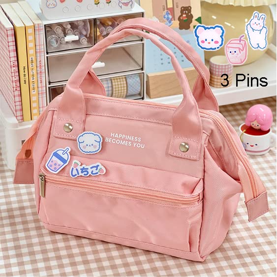 AONUOWE Kawaii Lunch Bag with Kawaii Pins Cute Aesthetic Lunch Bag for Women Girls Large Insulted Tote Bag Kawaii School Supplies (Pink,Small)