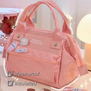 AONUOWE Kawaii Lunch Bag with Kawaii Pins Cute Aesthetic Lunch Bag for Women Girls Large Insulted Tote Bag Kawaii School Supplies (Pink,Small)