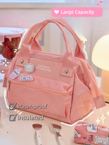 AONUOWE Kawaii Lunch Bag with Kawaii Pins Cute Aesthetic Lunch Bag for Women Girls Large Insulted Tote Bag Kawaii School Supplies (Pink,Small)