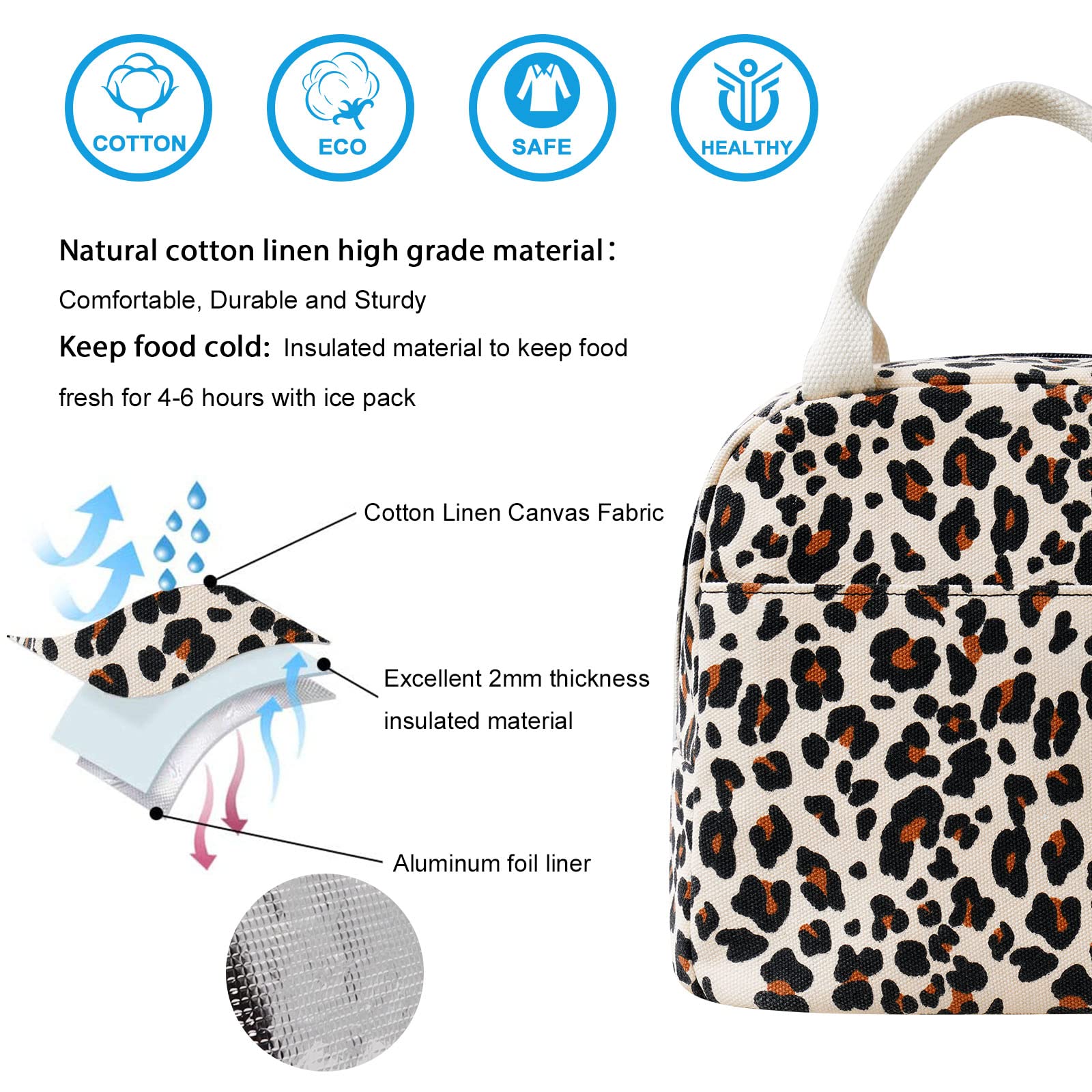 EurCross Leopard Lunch Bag for Women for Work or Daily Use,High Grade Canvas for Adults Lunch Bento Box Tote Bag with Insulated liner