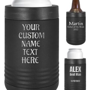 Personalized Stainless Steel Engraved Insulated Beverage Holder Customized Can Cooler with Custom Name Text – Wedding, Birthday, Corporate Gift (Black, Standard)