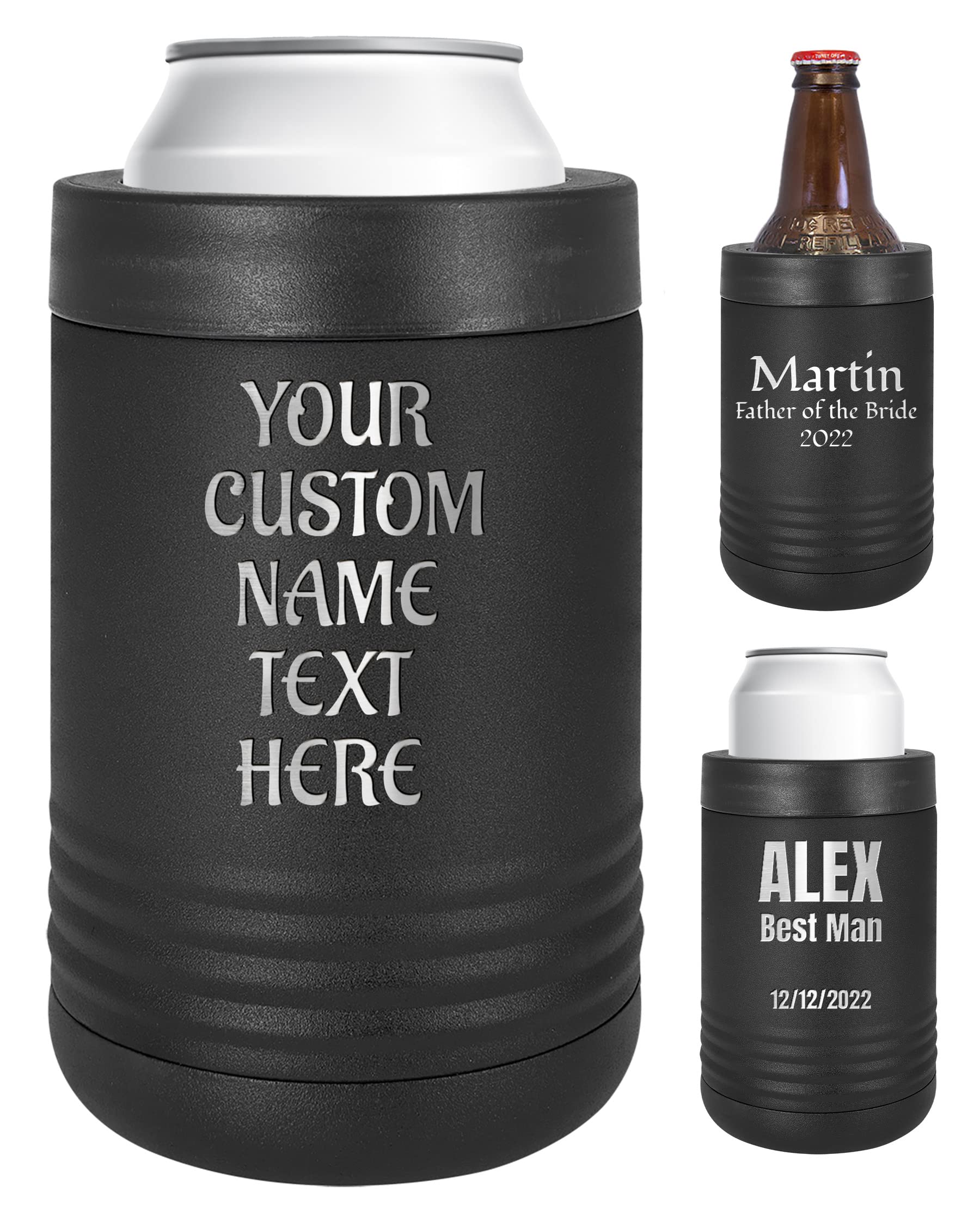 Personalized Stainless Steel Engraved Insulated Beverage Holder Customized Can Cooler with Custom Name Text – Wedding, Birthday, Corporate Gift (Black, Standard)