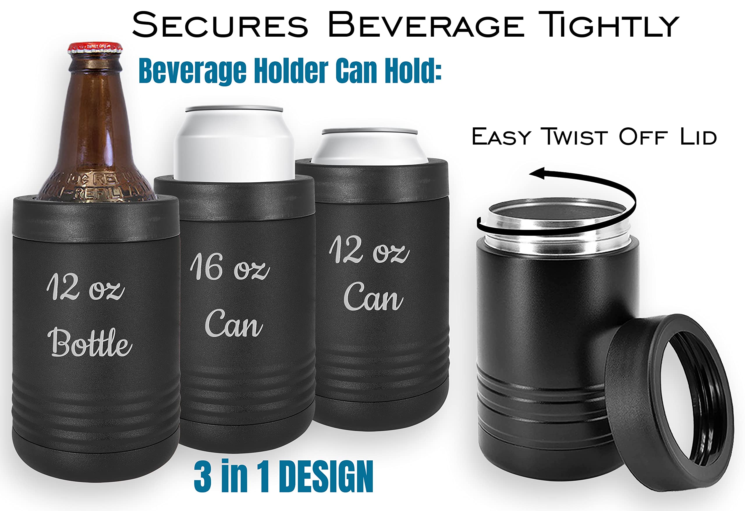 Personalized Stainless Steel Engraved Insulated Beverage Holder Customized Can Cooler with Custom Name Text – Wedding, Birthday, Corporate Gift (Black, Standard)