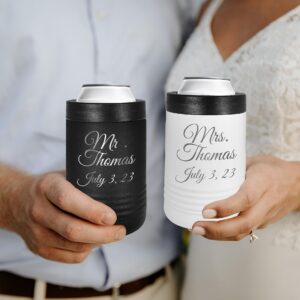 Personalized Stainless Steel Engraved Insulated Beverage Holder Customized Can Cooler with Custom Name Text – Wedding, Birthday, Corporate Gift (Black, Standard)