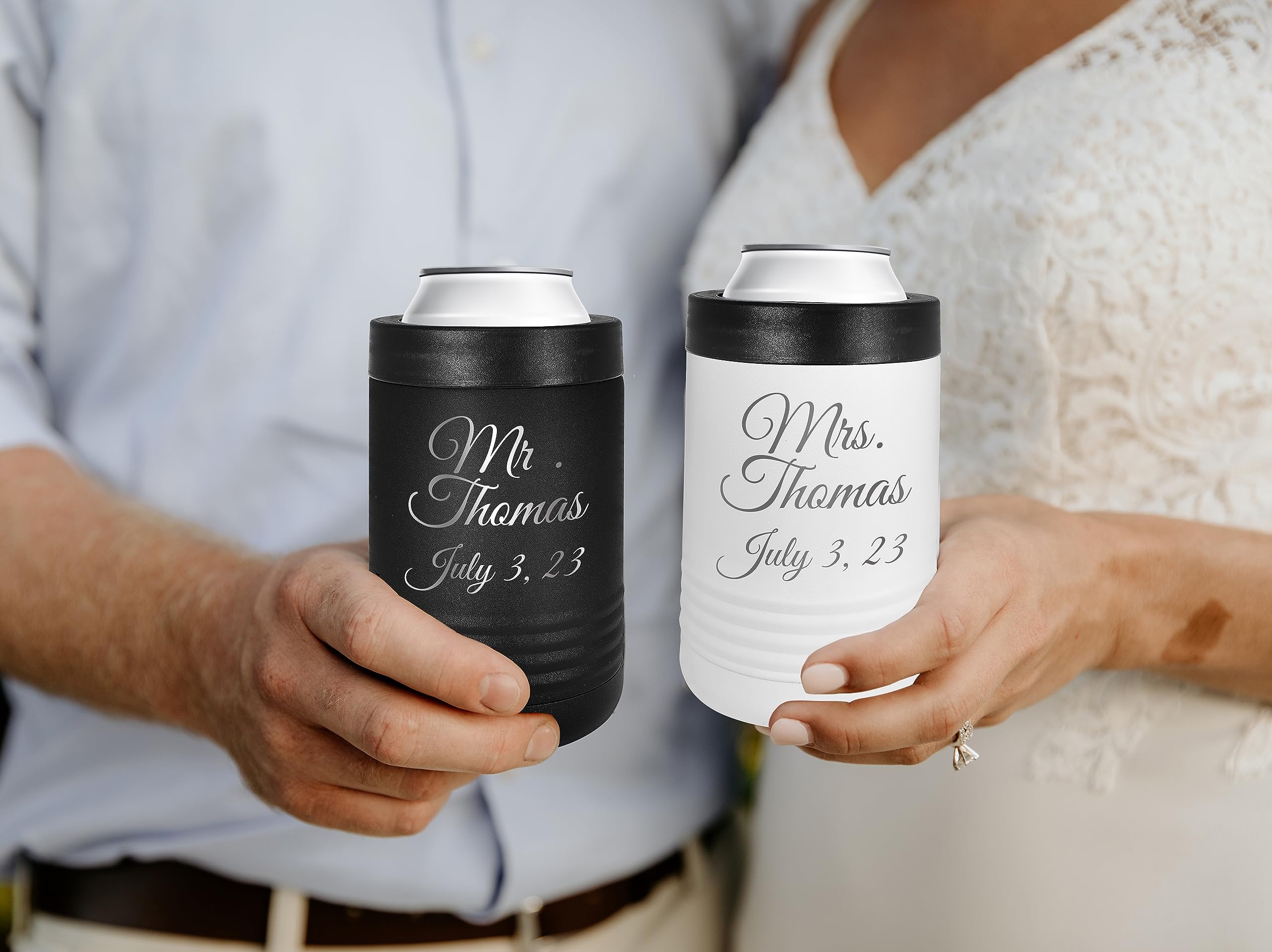 Personalized Stainless Steel Engraved Insulated Beverage Holder Customized Can Cooler with Custom Name Text – Wedding, Birthday, Corporate Gift (Black, Standard)