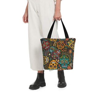 antkondnm Mexican Sugar Skulls Tote Bags Shoulder Bag with Zipper for Women Reusable Shoppers Tote…