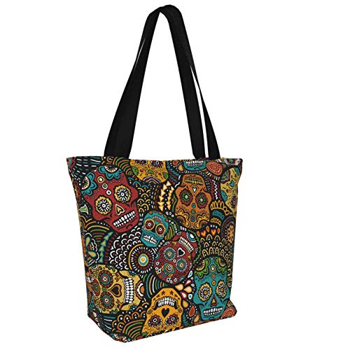 antkondnm Mexican Sugar Skulls Tote Bags Shoulder Bag with Zipper for Women Reusable Shoppers Tote…