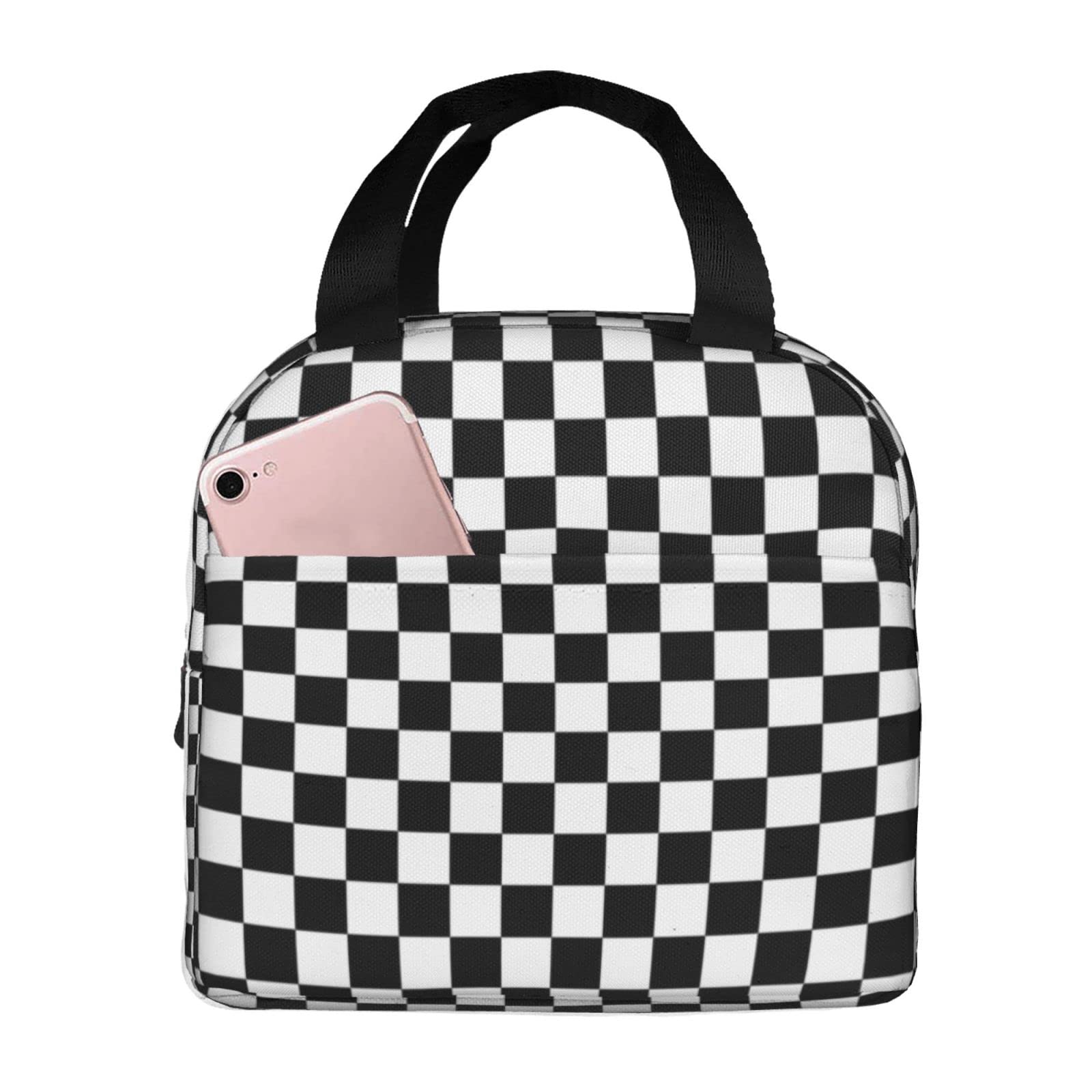 ayvcxui Black and White Plaid Race Checkered Flag Lunch Tote Reusable Lunch Bag Insulated Lunch Box for Students Work Outdoor Travel PicnicThermal Portable Bento Box Handbags Tote