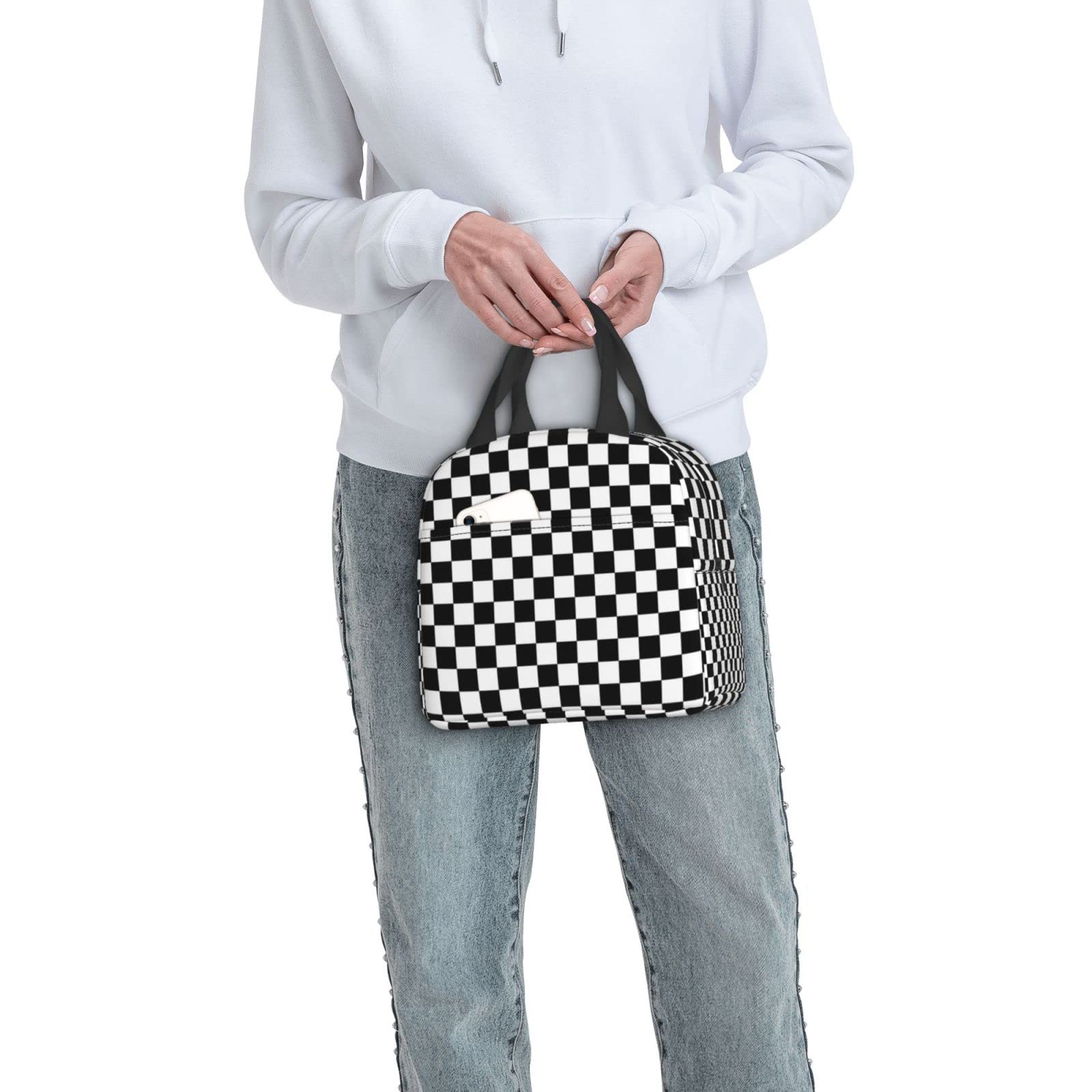 ayvcxui Black and White Plaid Race Checkered Flag Lunch Tote Reusable Lunch Bag Insulated Lunch Box for Students Work Outdoor Travel PicnicThermal Portable Bento Box Handbags Tote