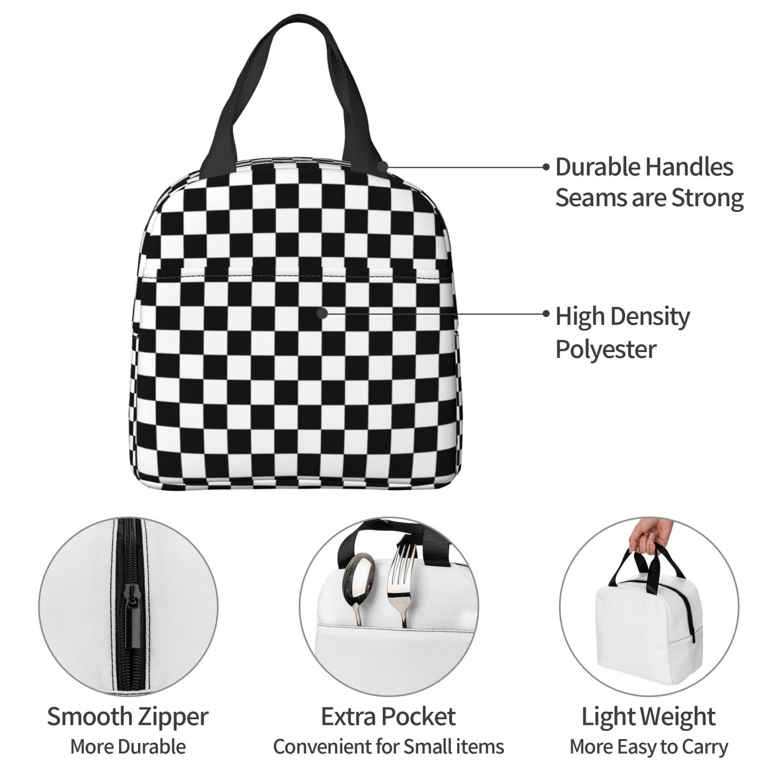 ayvcxui Black and White Plaid Race Checkered Flag Lunch Tote Reusable Lunch Bag Insulated Lunch Box for Students Work Outdoor Travel PicnicThermal Portable Bento Box Handbags Tote