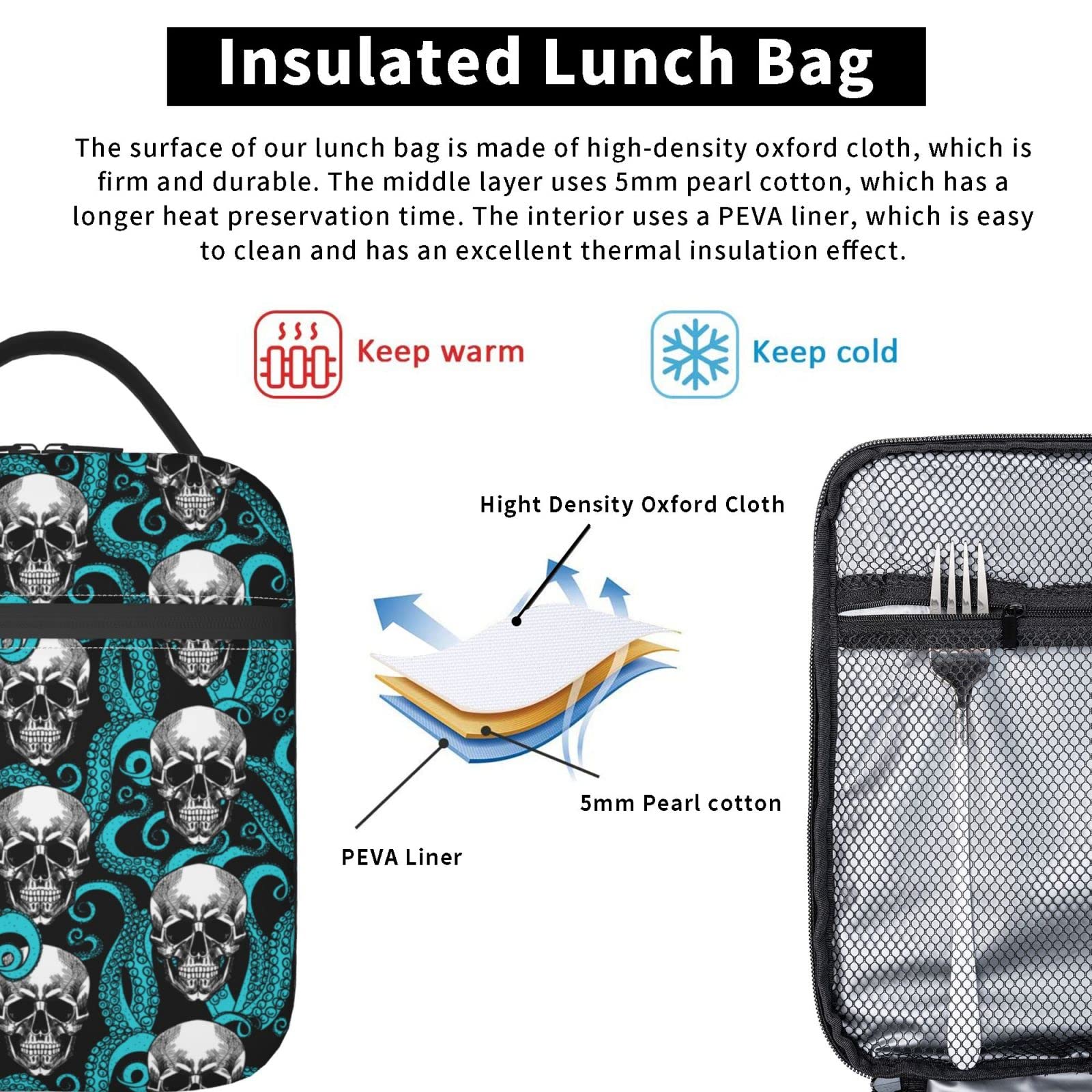 Gianlaima Octopus Sugar Funny Skull Halloween Insulated Lunch Box For Women Man, Portable Lunch Bag Reusable Cooler Tote For Office Work Travel Picnic Camping Beach