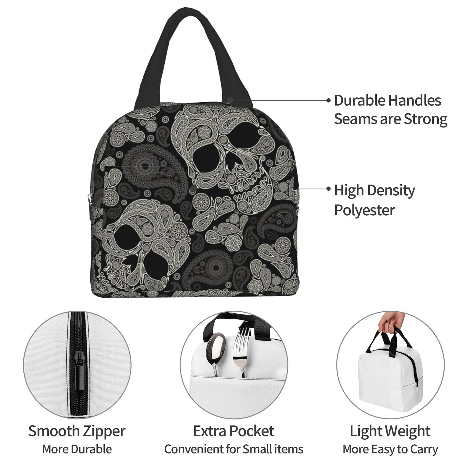 SCIXITI Sugar Skull Paisley Lunch Box Container Insulated Lunch Bags for Women Men Reusable Tote Bag for Office Outdoor Picnic Beach