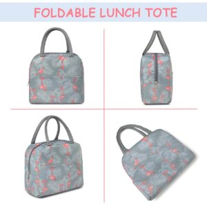 Kasqo Lunch Box Bag for Kids, Insulated Cooler Bag Boys and Girls Durable Foldable Lunch Tote Children’s Thermal Bag with Front Pocket for School Picnic Travel in Cute Flamingo