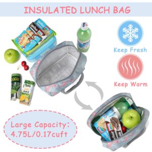 Kasqo Lunch Box Bag for Kids, Insulated Cooler Bag Boys and Girls Durable Foldable Lunch Tote Children’s Thermal Bag with Front Pocket for School Picnic Travel in Cute Flamingo