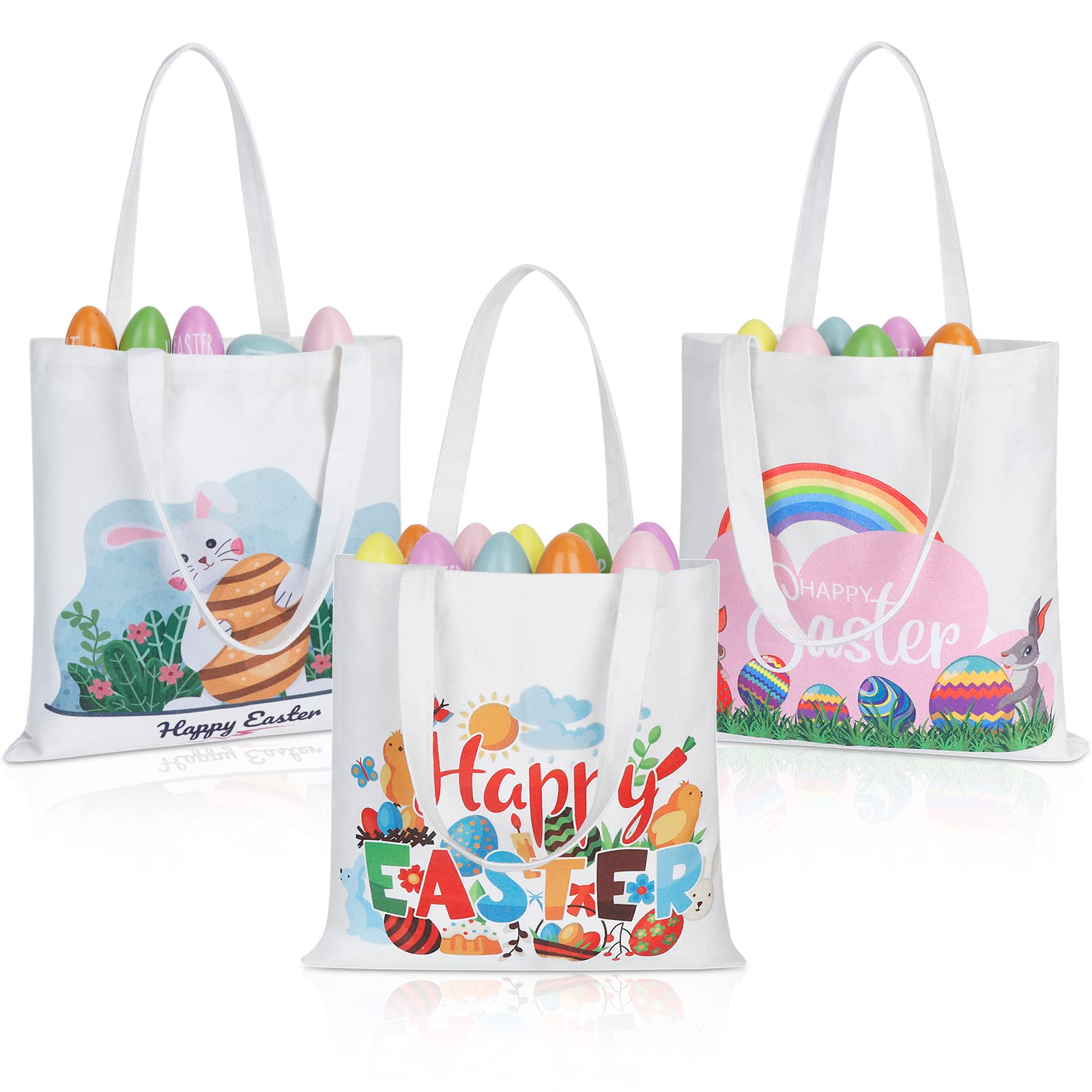 AKEROCK Easter Bags, 3 PCS Easter Bags with Handles, Large Reusable Tote Bags for Kids Egg Hunt - Easter Canvas Bags