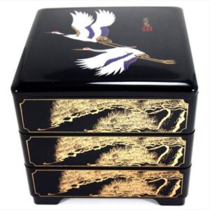 japanbargain 4119, jubako box japanese traditional 3 tiers stack box food candy snack container bento box made in japan, plastic lacquered, black crane