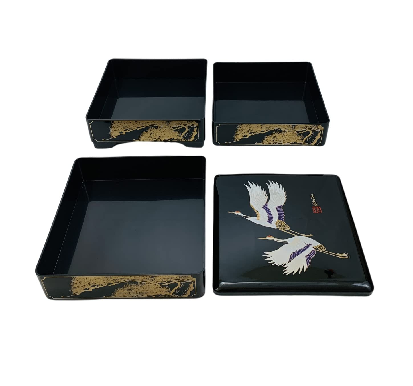 JapanBargain 4119, Jubako Box Japanese Traditional 3 Tiers Stack Box Food Candy Snack Container Bento Box Made in Japan, Plastic Lacquered, Black Crane