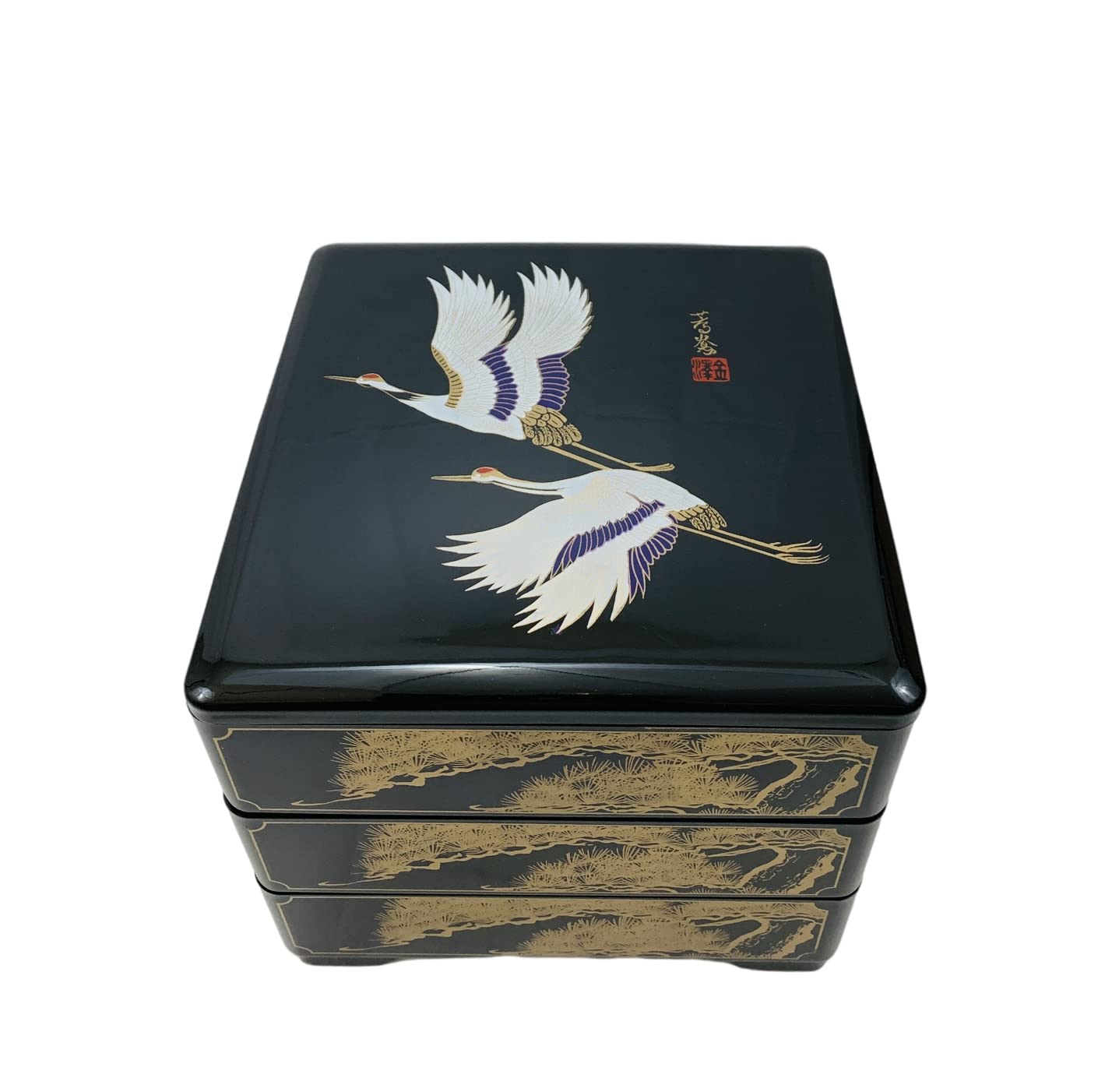 JapanBargain 4119, Jubako Box Japanese Traditional 3 Tiers Stack Box Food Candy Snack Container Bento Box Made in Japan, Plastic Lacquered, Black Crane