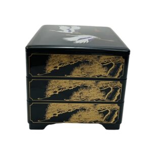 JapanBargain 4119, Jubako Box Japanese Traditional 3 Tiers Stack Box Food Candy Snack Container Bento Box Made in Japan, Plastic Lacquered, Black Crane