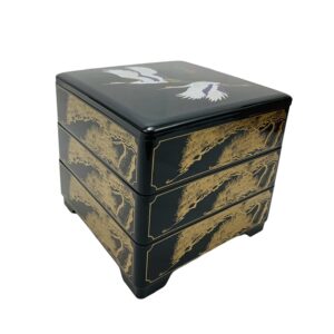 JapanBargain 4119, Jubako Box Japanese Traditional 3 Tiers Stack Box Food Candy Snack Container Bento Box Made in Japan, Plastic Lacquered, Black Crane