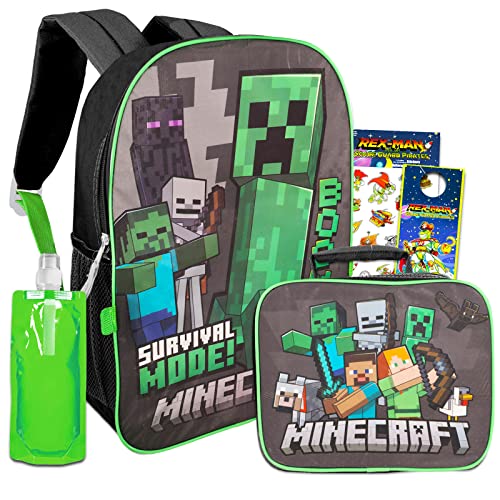 Minecraft Backpack and Lunch Box for Kids - Minecraft School Supplies Bundle with Minecraft Backpack and Lunch Bag Plus Water Pouch, Stickers, More