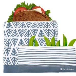 Lunchskins Reusable 2 Piece Zippered Food Storage Bag Set, 1 Sandwich Bag + 1 Snack Bag, Blue Geometric