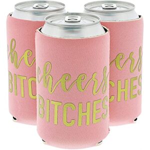 12 oz cheers bitches neoprene can cooler sleeves for soda, beer, beverages (3 pack)