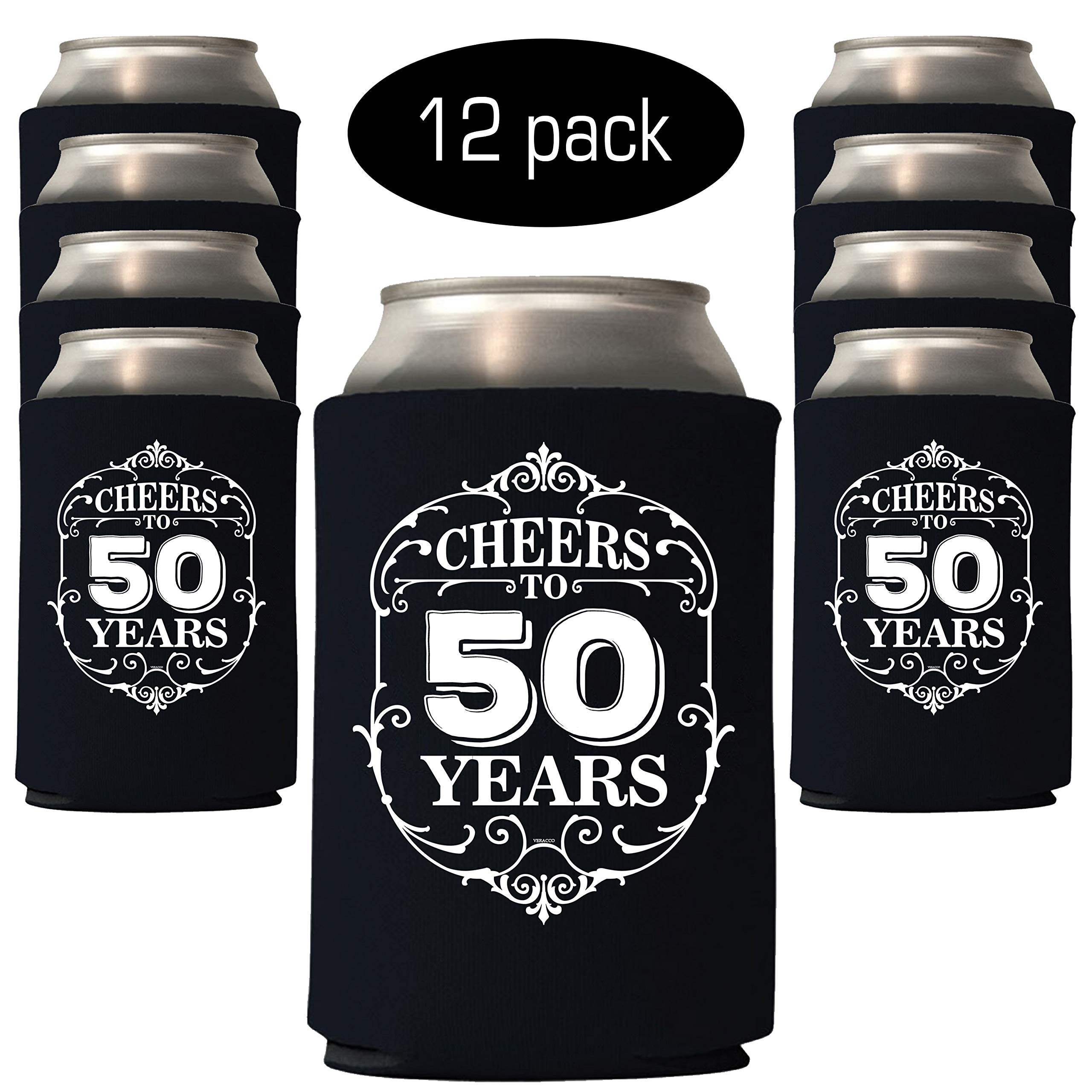 Veracco Cheers To 50 Years 50th Birthday Gift Fifty and Fabulous Party Favors Decorations Can Coolie Holder (Black, 12)