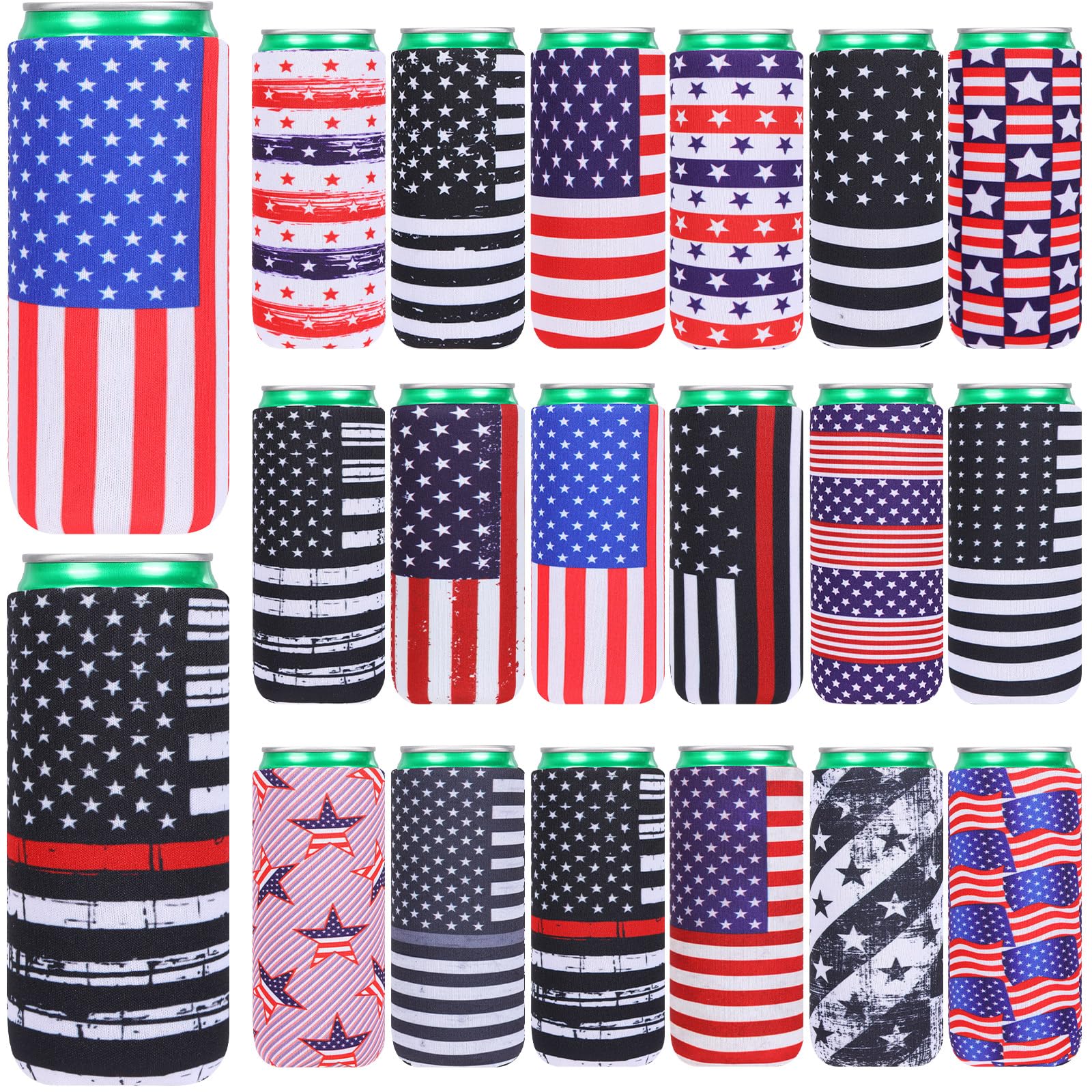 Sacubee 18 Pcs USA Flag Can Coolers 12 oz 4th of July Beer Can Cooler Sleeves Bulk Patriotic Can Coolers Insulator Neoprene Can Covers for Independence Day Memorial Day Party Supplies