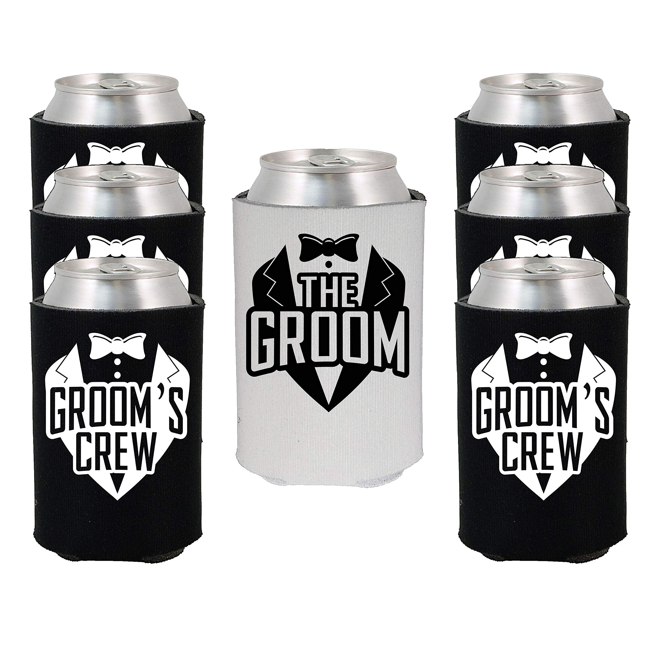 The Groom Tuxedo and Groom’s Crew Tuxedo Wedding Can Sleeve Cooler Insulated Drink Coozies Soda Beer Hugger Coolies (Crew Tux, 7 Pk)