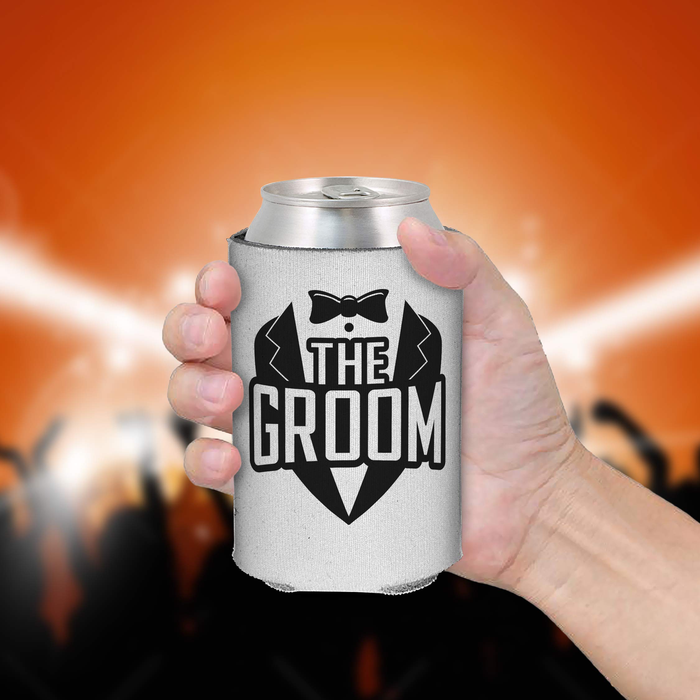 The Groom Tuxedo and Groom’s Crew Tuxedo Wedding Can Sleeve Cooler Insulated Drink Coozies Soda Beer Hugger Coolies (Crew Tux, 7 Pk)