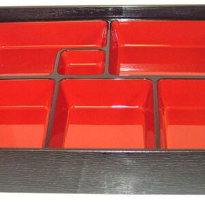 JapanBargain 1591, Red and Black Japanese Traditional Plastic Lacquered Lunch Bento Box 6 Compartments for Restaurant or Home Tray and Plate 2pc Set Made in Japan, 11.75"x9.5"