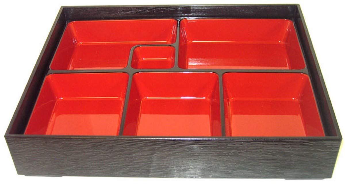 JapanBargain 1591, Red and Black Japanese Traditional Plastic Lacquered Lunch Bento Box 6 Compartments for Restaurant or Home Tray and Plate 2pc Set Made in Japan, 11.75"x9.5"