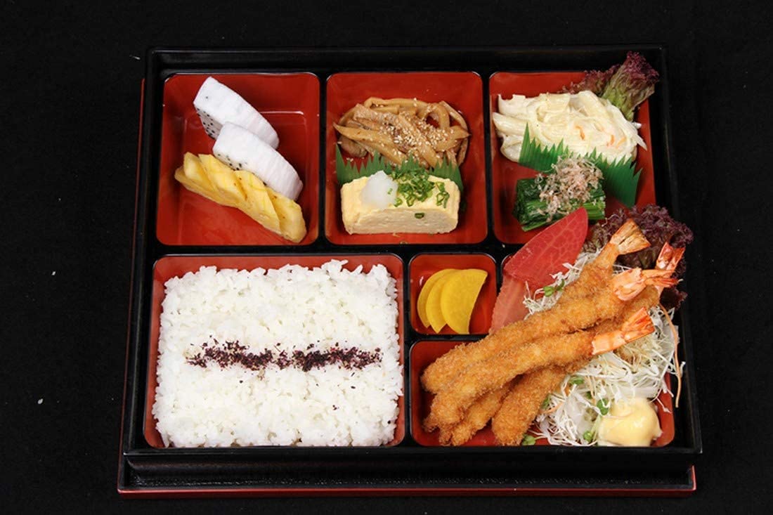 JapanBargain 1591, Red and Black Japanese Traditional Plastic Lacquered Lunch Bento Box 6 Compartments for Restaurant or Home Tray and Plate 2pc Set Made in Japan, 11.75"x9.5"