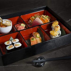 JapanBargain 1591, Red and Black Japanese Traditional Plastic Lacquered Lunch Bento Box 6 Compartments for Restaurant or Home Tray and Plate 2pc Set Made in Japan, 11.75"x9.5"