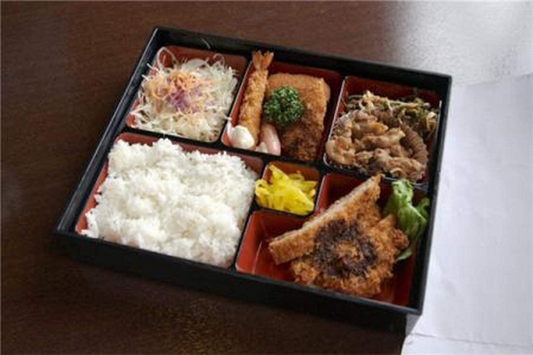 JapanBargain 1591, Red and Black Japanese Traditional Plastic Lacquered Lunch Bento Box 6 Compartments for Restaurant or Home Tray and Plate 2pc Set Made in Japan, 11.75"x9.5"