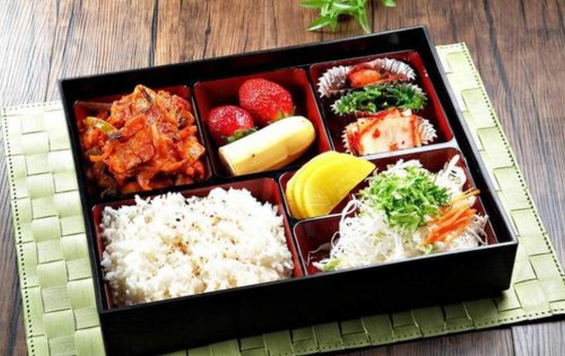 JapanBargain 1591, Red and Black Japanese Traditional Plastic Lacquered Lunch Bento Box 6 Compartments for Restaurant or Home Tray and Plate 2pc Set Made in Japan, 11.75"x9.5"