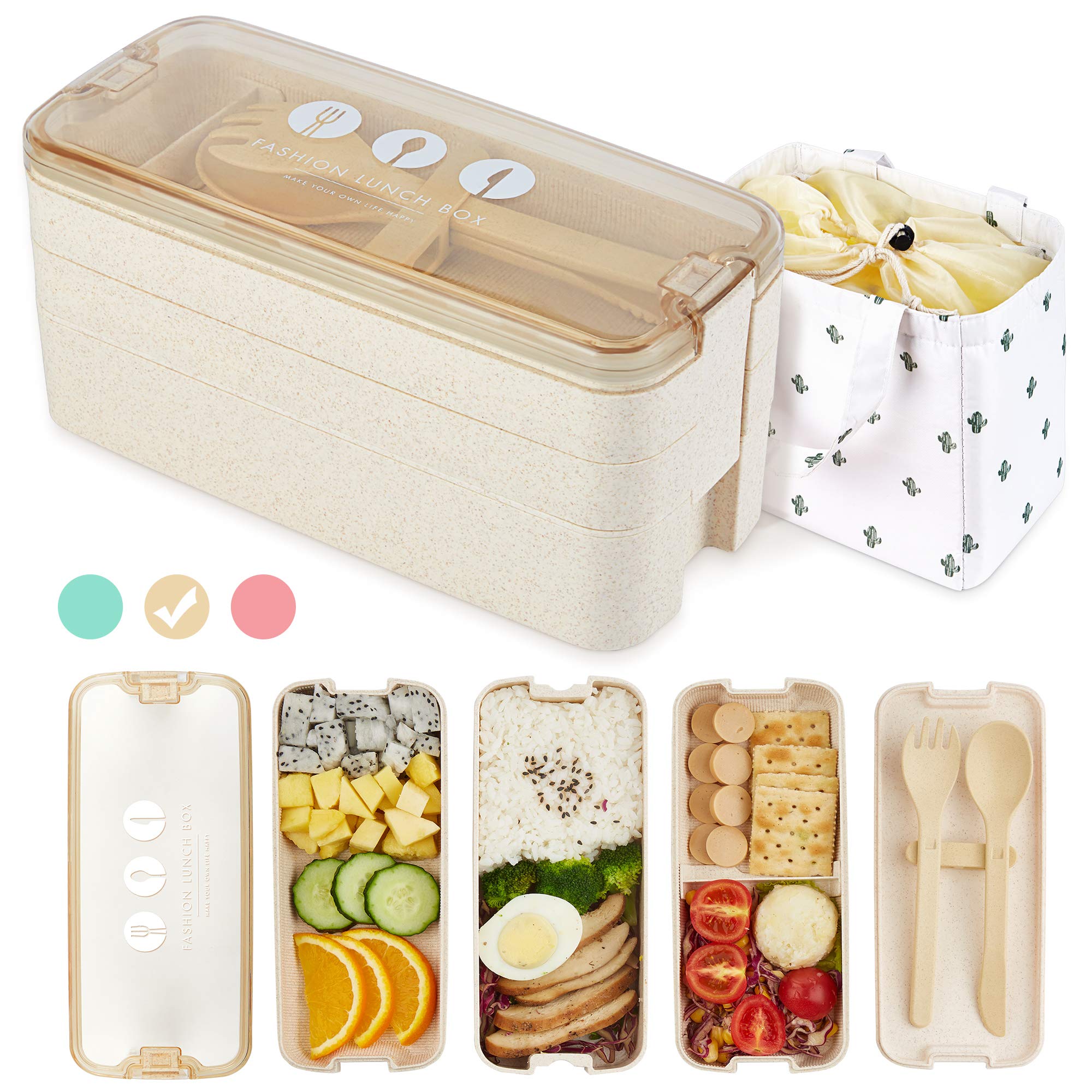 SELPONT unch Box 1100ml/38oz, 3-Layer Bento Box with Spoon & Fork for Adult & Office Worker, BPA-Free Lunch Box Leak-Proof Food Containers with Bonus Lunch Bag (Beige)