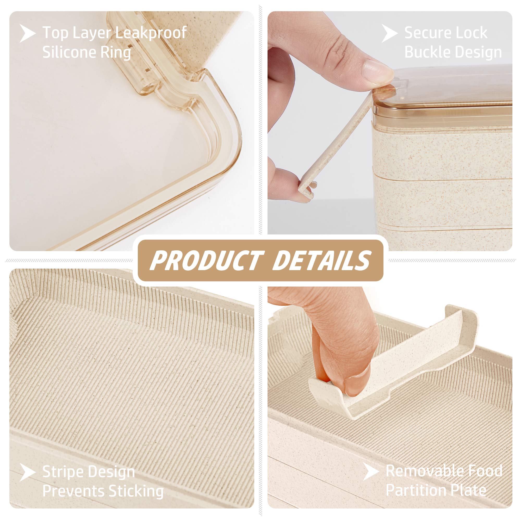 SELPONT unch Box 1100ml/38oz, 3-Layer Bento Box with Spoon & Fork for Adult & Office Worker, BPA-Free Lunch Box Leak-Proof Food Containers with Bonus Lunch Bag (Beige)