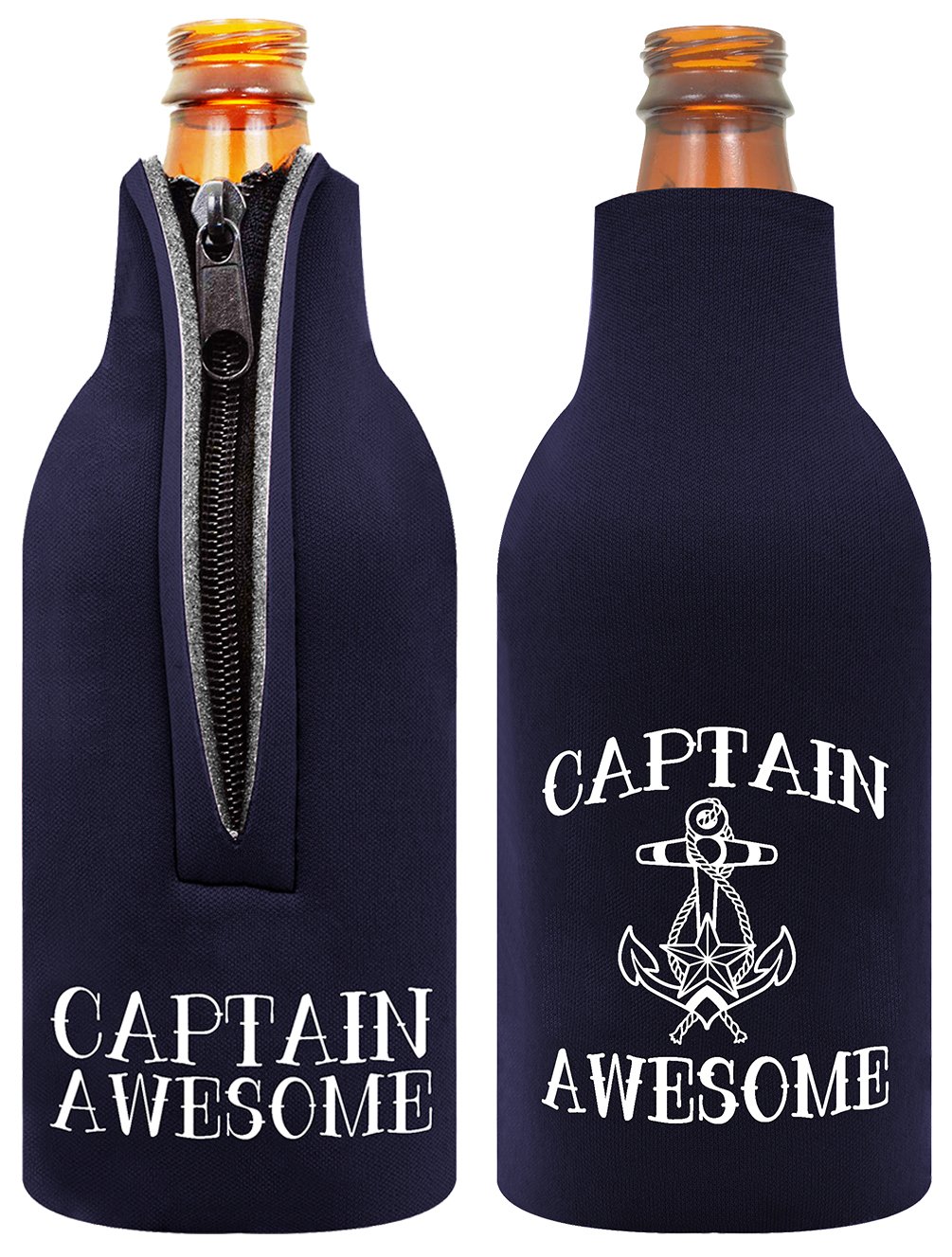 Funny Beer Bottle Coolie Captain Awesome Sailing Gag Gift 2 Pack Bottle Drink Coolers Coolies Navy