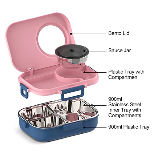 WORTHBUY Stainless Steel Bento Lunch Box for Adults & Kids All-in-One, Leak-proof Meal Prep Lunch Box Food Containers with Divided Compartments, Dishwasher & Freezer Safe(Pink)