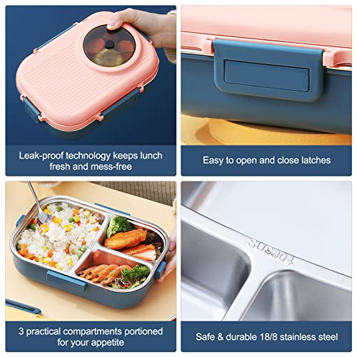 WORTHBUY Stainless Steel Bento Lunch Box for Adults & Kids All-in-One, Leak-proof Meal Prep Lunch Box Food Containers with Divided Compartments, Dishwasher & Freezer Safe(Pink)