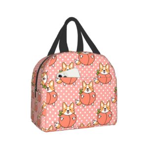 senheol cute kawaii dog of corgi in funny fruit peach print lunch box, kawaii small insulation lunch bag, reusable food bag lunch containers bags for women men