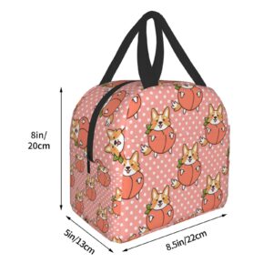 Senheol Cute Kawaii Dog of Corgi In Funny Fruit Peach Print Lunch Box, Kawaii Small Insulation Lunch Bag, Reusable Food Bag Lunch Containers Bags for Women Men