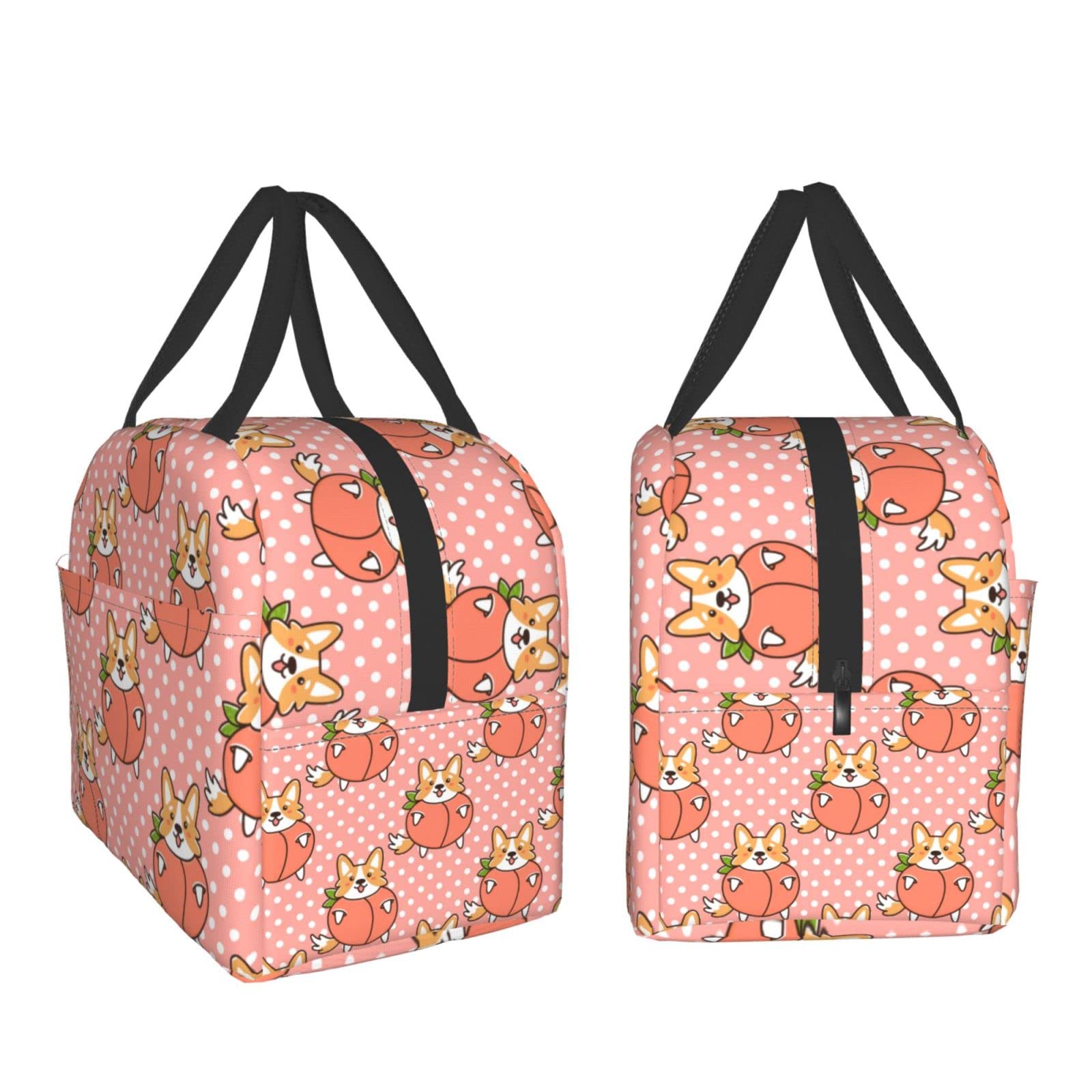 Senheol Cute Kawaii Dog of Corgi In Funny Fruit Peach Print Lunch Box, Kawaii Small Insulation Lunch Bag, Reusable Food Bag Lunch Containers Bags for Women Men