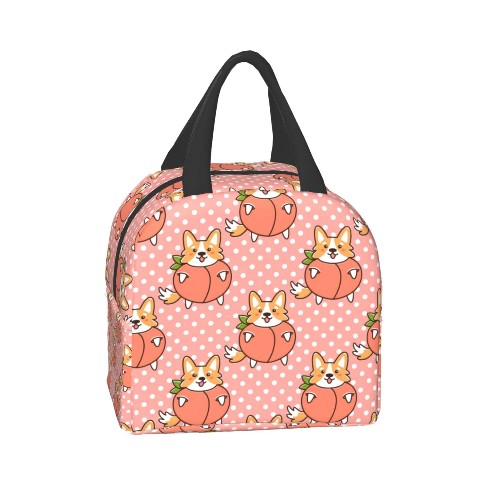 Senheol Cute Kawaii Dog of Corgi In Funny Fruit Peach Print Lunch Box, Kawaii Small Insulation Lunch Bag, Reusable Food Bag Lunch Containers Bags for Women Men