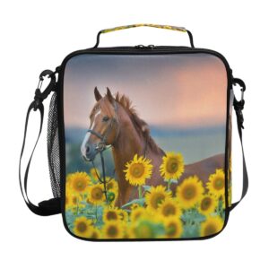 sunflower horse lunch box for girls, insulated lunch bag kids cooler freezable shoulder strap for school office