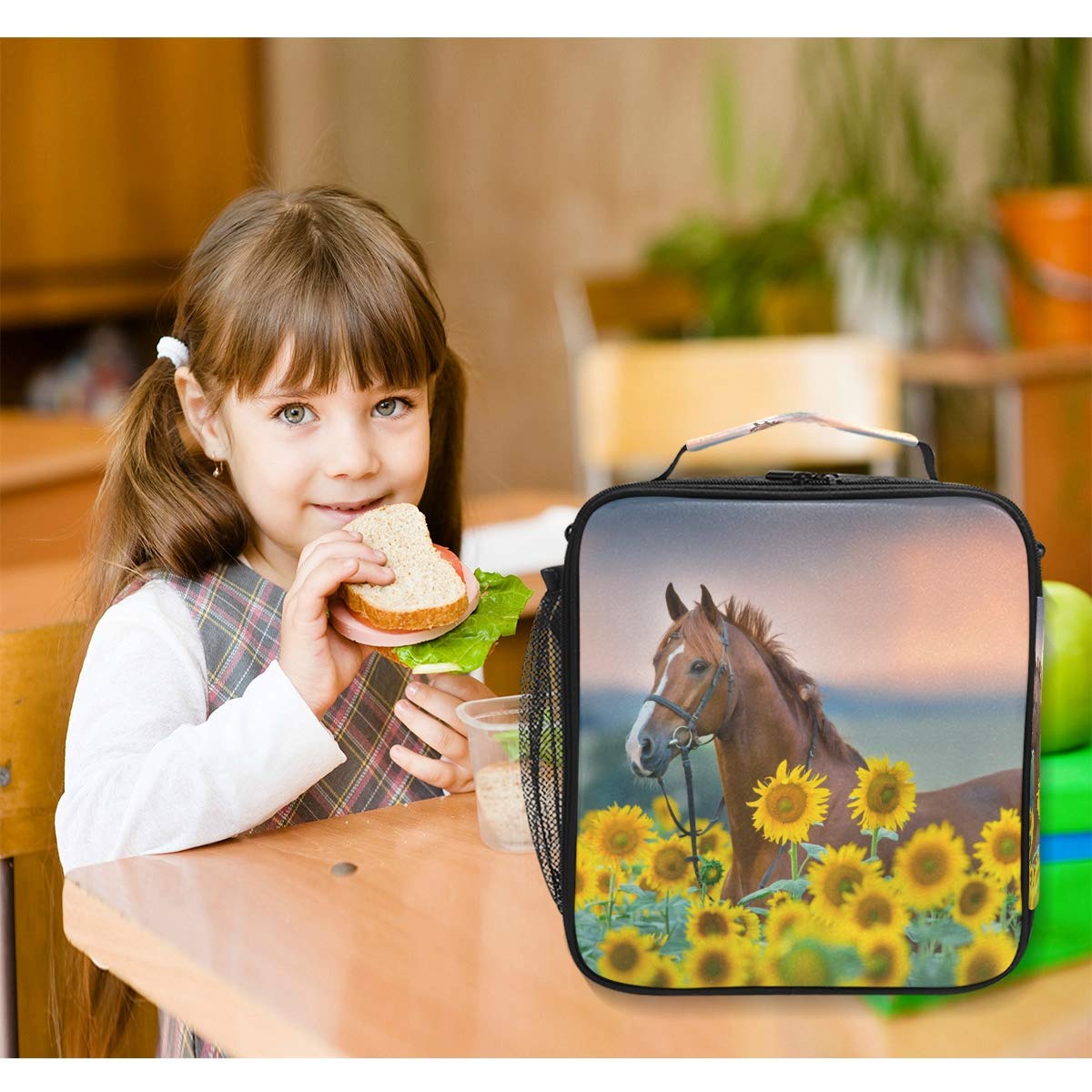 Sunflower Horse Lunch Box for Girls, Insulated Lunch Bag Kids Cooler Freezable Shoulder Strap for School Office