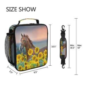 Sunflower Horse Lunch Box for Girls, Insulated Lunch Bag Kids Cooler Freezable Shoulder Strap for School Office